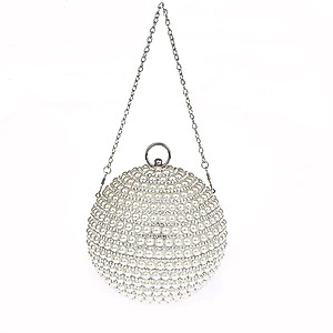 UMREN Women Crystal Round Ball Evening Bag Artificial Pearl Beaded Clutch Handbag Ring Handle Purse for Wedding Party Silver
