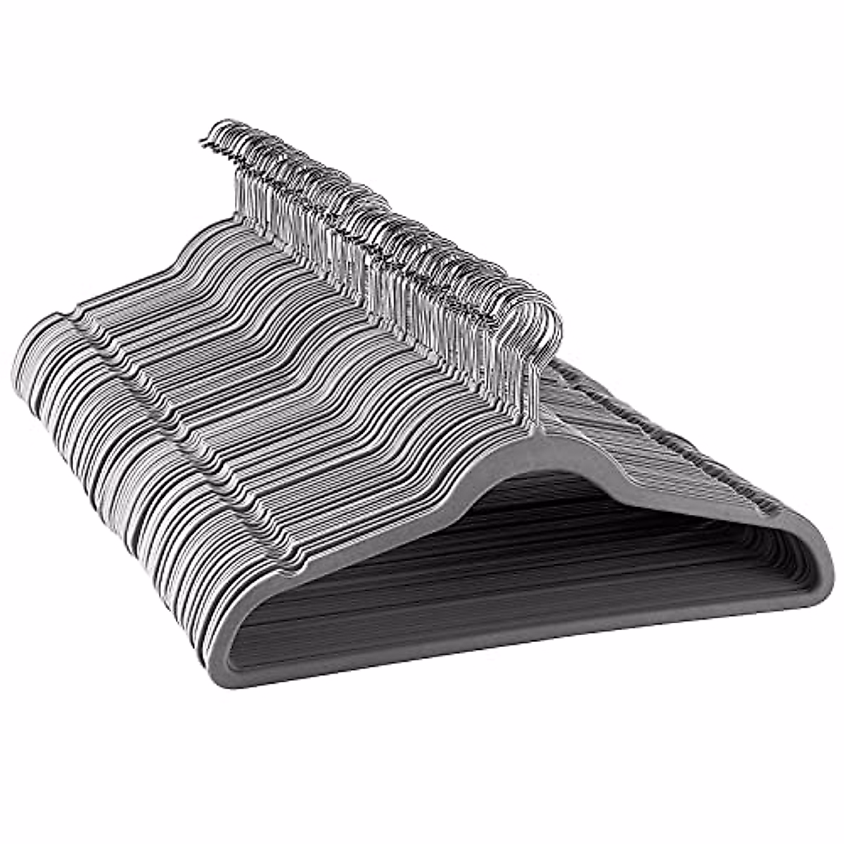 Elama 100 Piece Set of Velvet Slim Profile Heavy Duty Felt Hangers with Stainless Steel Swivel Hooks in Gray