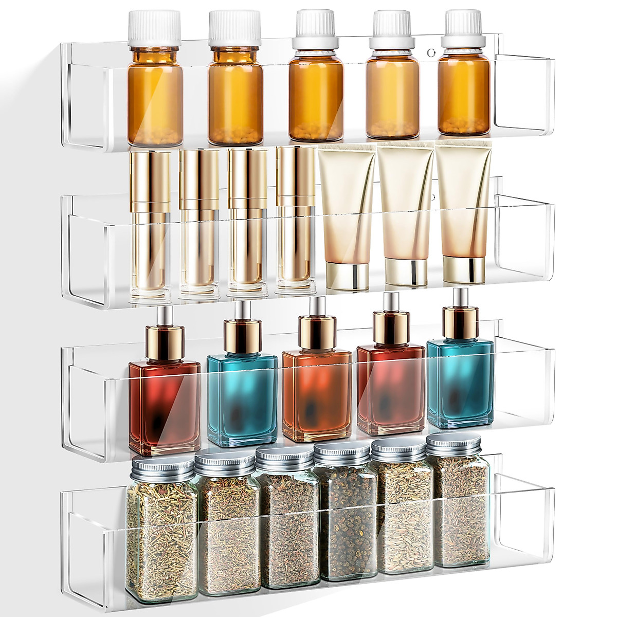 GTJ Acrylic Shelves, 4-Pack Spice Rack Wall Mount, Clear Book Shelves for Wall, Spice Organization, Vinyl Wall Mount, Cabinet, Pantry Door, Kitchen, Bedroom, Self-Adhesive and Drilling