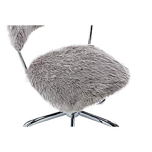 Grey Comfy Home Office Chair, Modern Cute Fluffy Armless Task Chair with Wheels, Faux Fur Upholstery