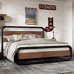 IMUsee Queen Size Metal Bed Frame with Round/Curved Wooden Headboard and Footboard, Platform Bed Frame with Under Bed Storage, Strong Metal Slat Support, No Box Spring Needed, Modern, Walnut