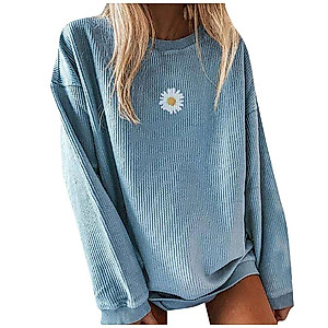PGOJUNI Crewneck Sweatshirts for Teen Girls, Womens Sweatshirt Loose Waffle Daisy Graphic Casual Long Sleeve Basic Blouse Pullover