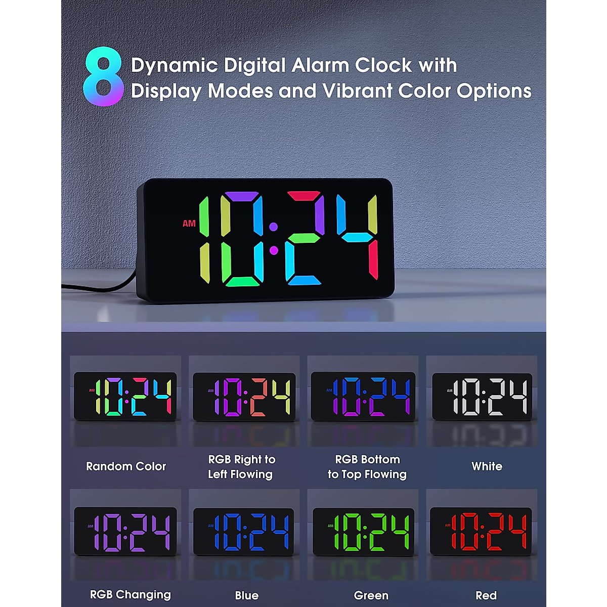 Mesqool Dynamic RGB Clock with Large Display Big Bold Numbers,Super Loud Alarm Clock for Bedroom,Heavy Sleepers,USB Charger,Snooze,Ambient Light,Dimmer,Small Bedside Desk Shelf Digital Clock for Teens