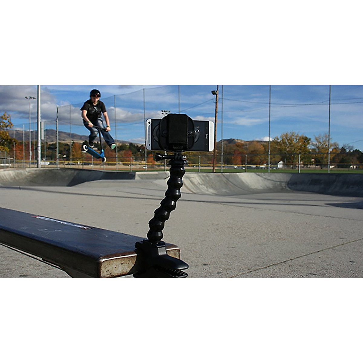 Action Mount Jaws Flex Clamp + Adjustable Goose Neck + Universal Mount Adapter for Smartphone, W/Base Clip & Screw. Use with a Phone, or Gopro Camera. Easy to Use!
