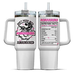 9GIFT4YOU Mommasaurus Gifts, Mom, Tumbler 40 Oz With Handle Lid And Straw, Mom Nutrition Facts Keep Drinks Cold Hot Dinosaur Leak Resistant Water Bottle, Mommasaurus Nutrition Facts