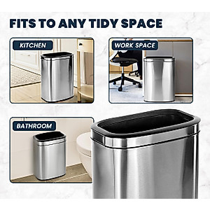 Alpine Industries 40 L / 10.5 Gal Stainless Steel Slim Open Trash Can - Compact Garbage Bin - Wide Access Top Slender Durable Receptacle with Sturdy Plastic Liner