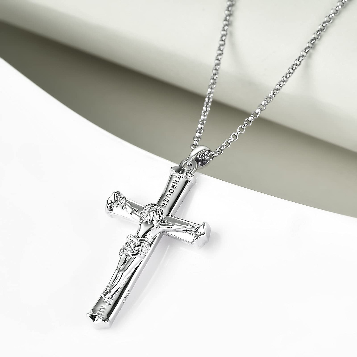 POPLYKE Crucifix Necklace for Men 925 Sterling Silver Jesus Cross Necklace for Women Philippians 4:13 I Can Do All The Things Inspirational Necklace Christian Jewelry for Men 20+2''