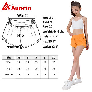 Aurefin Girls Athletic Shorts, Lightweight Running Shorts for Teen Girls Kids Sports Active Shorts with Zip Pocket and Elastic Orange/L
