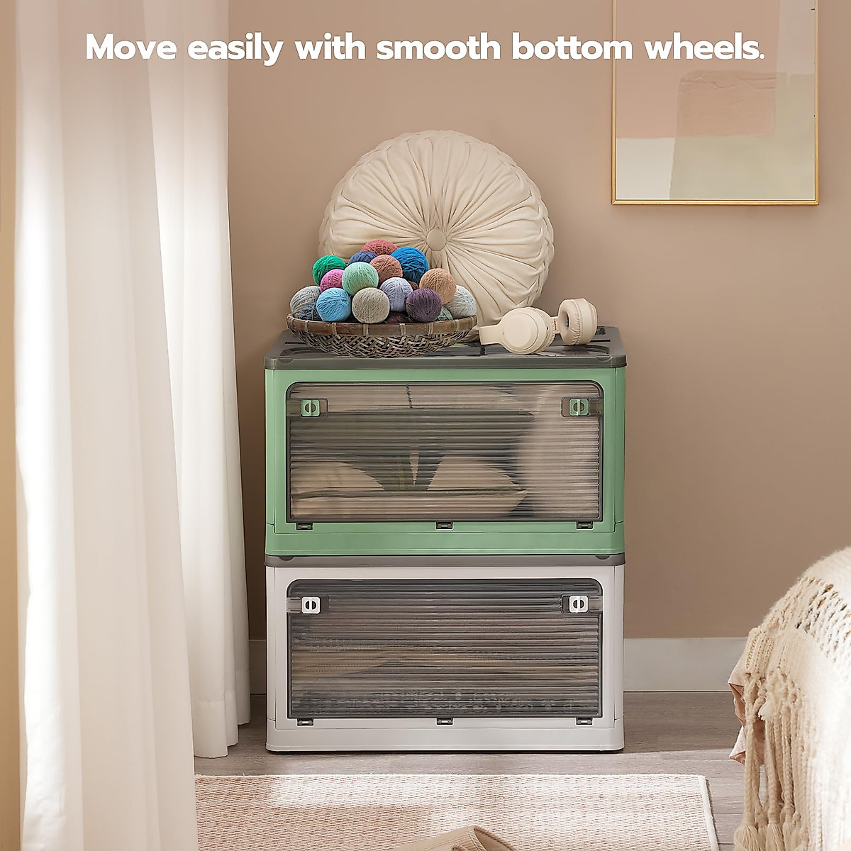 HOOBRO 14.8 Gal Storage Bins with Lids, Folding Storage Box with Wheels and 5 Doors, Collapsible Plastic Storage Bin, Stackable Storage Containers, for Home, Office Organizing, White WG56CW01