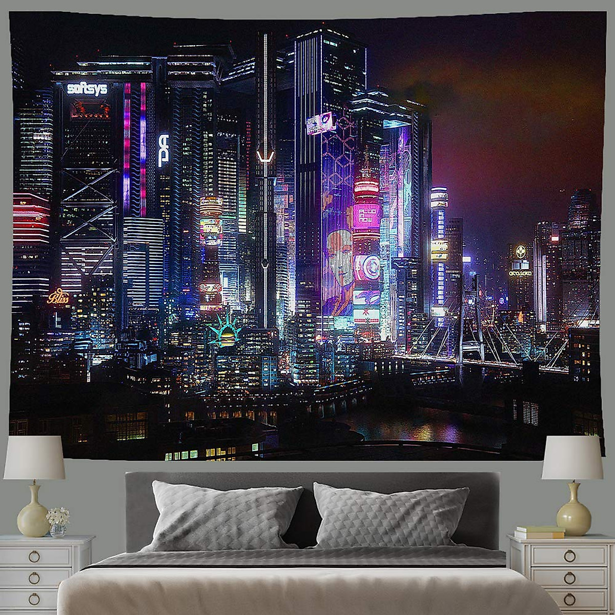 Ine Ive City Night View Tapestry, Neon Urban Building River View Art Tapestry Wall Hanging 80x60 Inch Living Room Dorm Decoration Aesthetic Tapestry GTZFIE1197