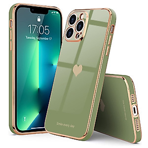 Teageo for iPhone 13 Pro Max Case for Women Girl Cute Love Heart Luxury Plating Soft Bling Back Cover Raised Camera Protection Bumper Silicone Shockproof Phone Case for iPhone 13 Pro Max, Light Green