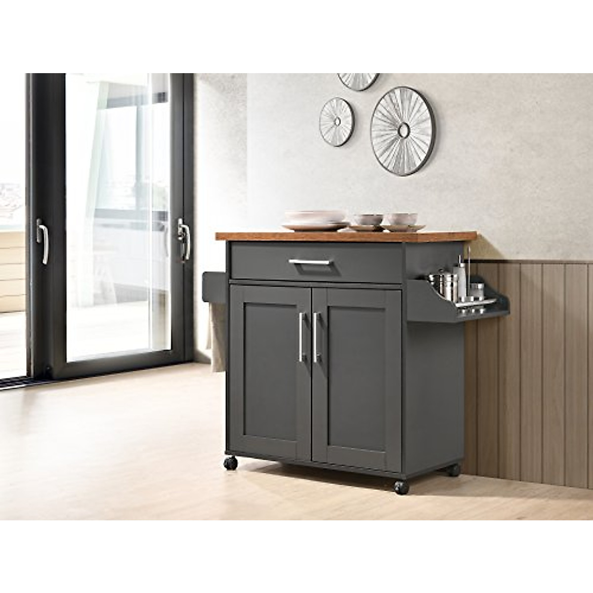 Hodedah Kitchen Island with Spice Rack, Towel Rack & Drawer, Grey with Oak Top