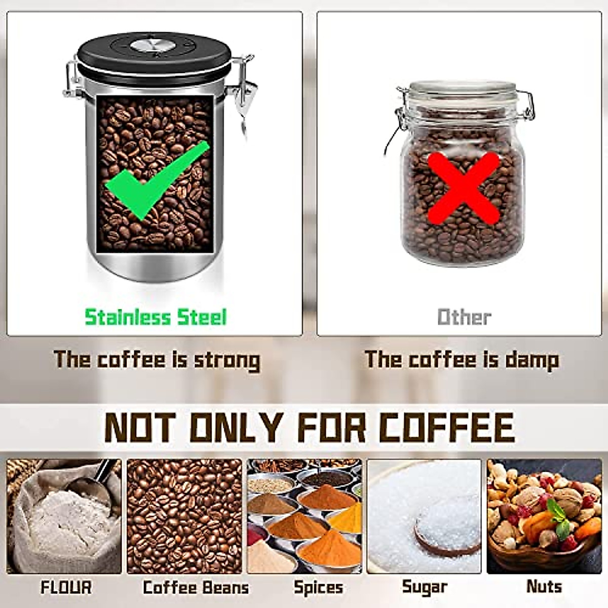 Samyoung Coffee Canister Airtight, Stainless Steel Container for 635g/22.8oz Coffee Beans,Large 1800 ml Tea & Coffee Storage Jars with co2 Valve, 30ml Measure Spoon and 70 ml Mini Travel Jar