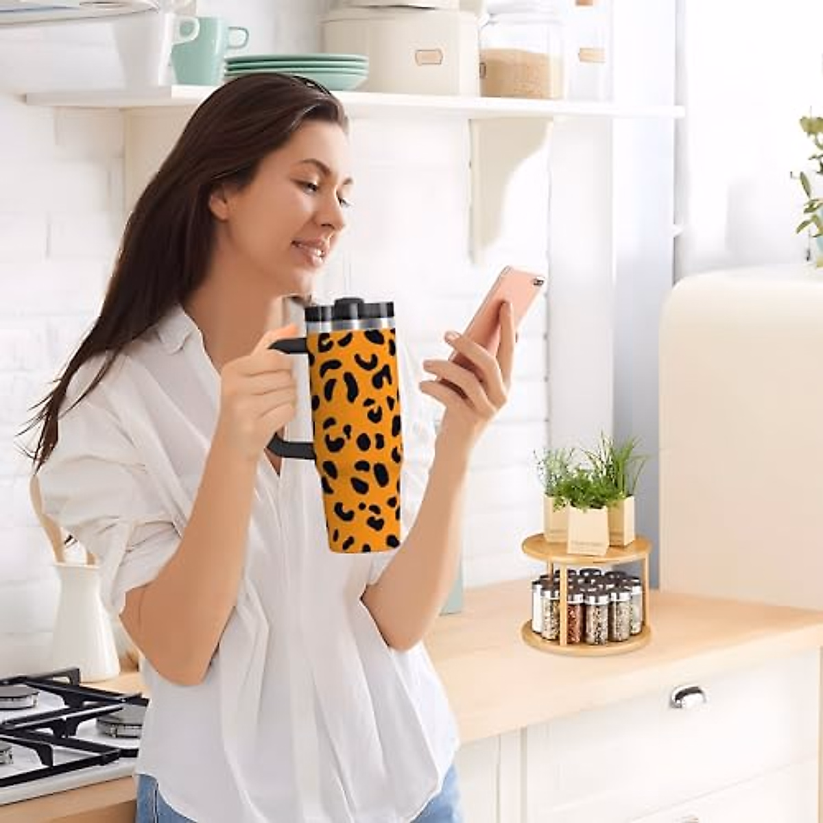 Flradish 30oz Tumbler with Handle, Orange Leopard Print Stainless Steel Tumbler with Lid and Straws Double Wall Vacuum Insulated Leakproof Coffee Travel Mug