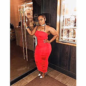 BEAGIMEG Women's Sexy Ruched Strapless Bodycon Tube Maxi Long Club Dress Red