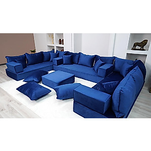 8" Thickness Royal Blue U Shaped Floor Seating Sofas, Sofa Bed Couch, Luxury Velvet Sofas, Moroccan Home Decor Livingroom Sofas, Arabic Seating Sofa (U Sofa + Ottoman + Pillows)