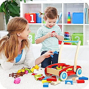 Pitpat Wooden Baby Walker with Building Blocks for 1 Year Old and up, Wooden Push Toy for 12 Month, Wooden Cart with Blocks(35 PCs)