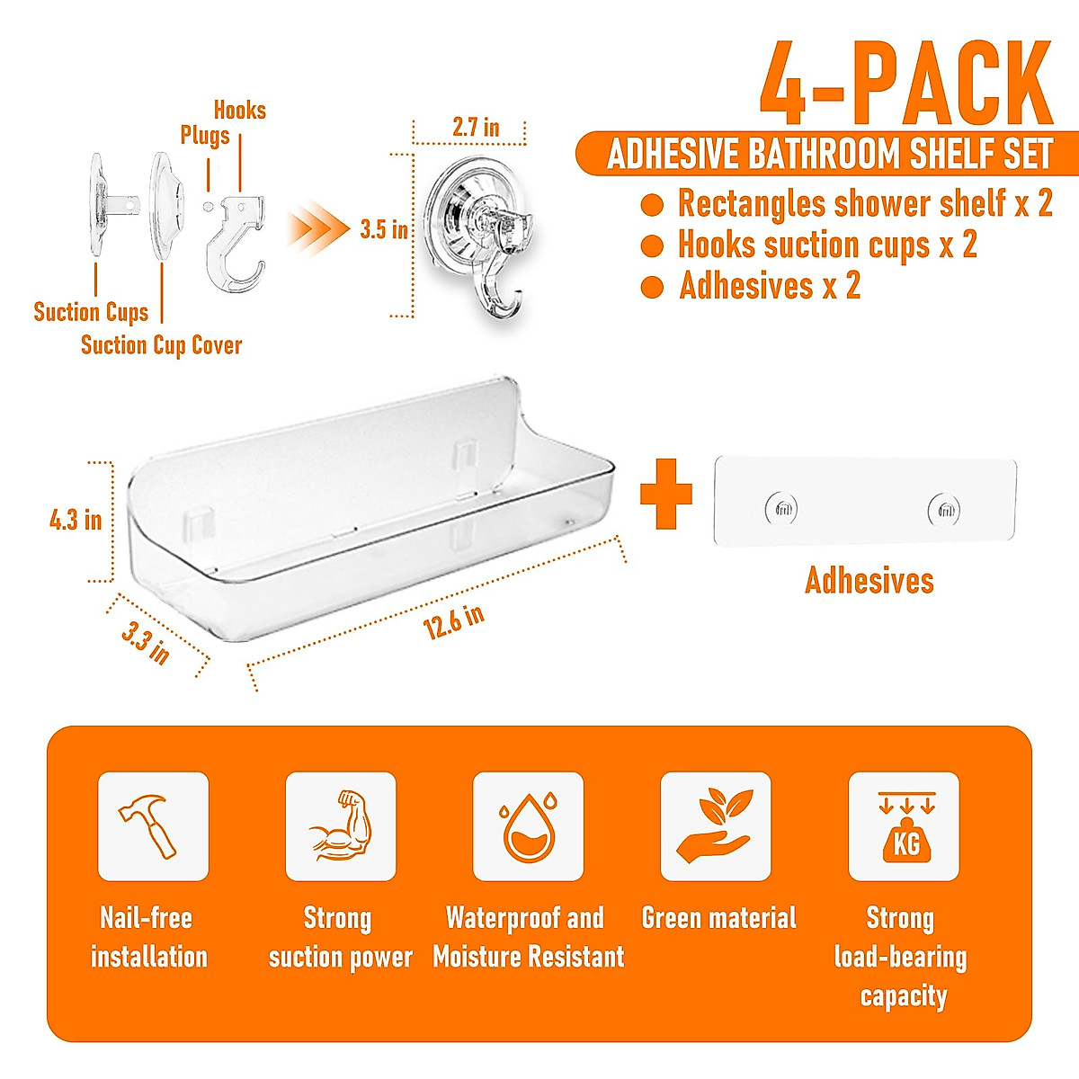 BShasrlim Acrylic Shower Shelves - Adhesive Wall Mounted Shower Organizer Clear with Soap Dish and Hooks - No Drill Adhesive Shelf for Bathroom and Kitchen Storage (Clear, Long Set of 4)