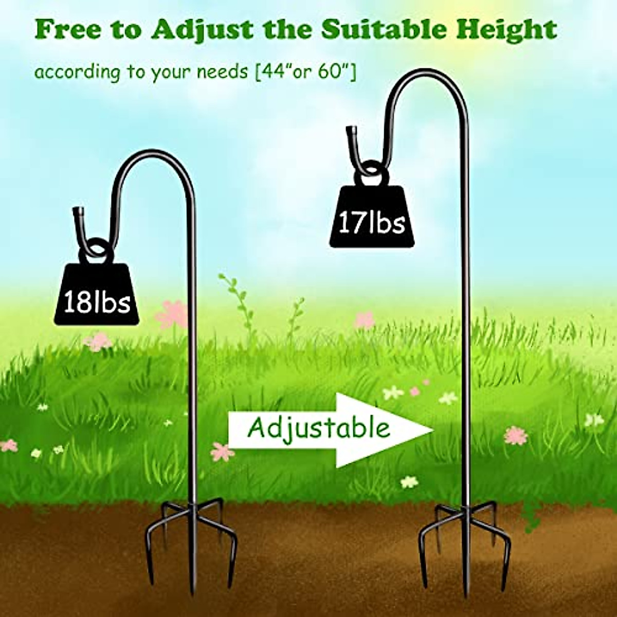 Shepherd Hook Plant Hangers Outdoor (76 inch) with 5 Prong Base, 2 Pack Adjustable Shepherd Hooks for Outdoor Garden Decor Hanging Bird Feeder Pole Plants Holders, Matte Black