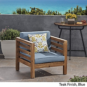 GDFStudio Outdoor Acacia Wood Club Chair with Cushion, Teak Finish and Blue