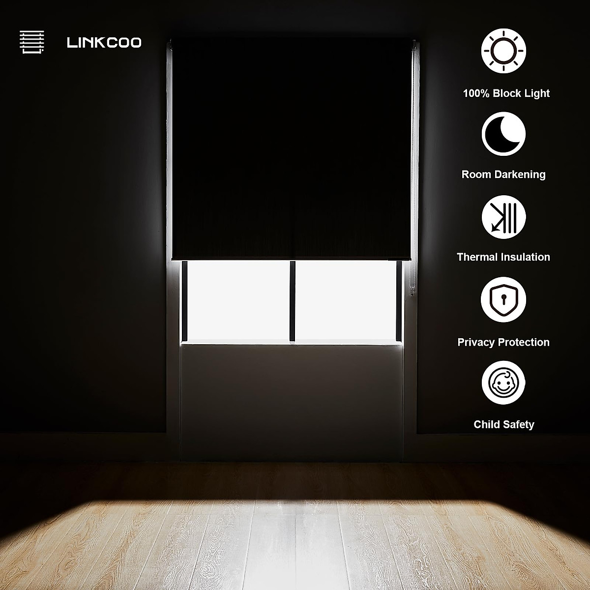 LINKCOO 100% Blackout Roller Window Shades, Room Darkening Window Blinds with Thermal Insulated Fabric, Corded Roll pull down shades for home and office (White - Width 10", Max Drop Height 79")