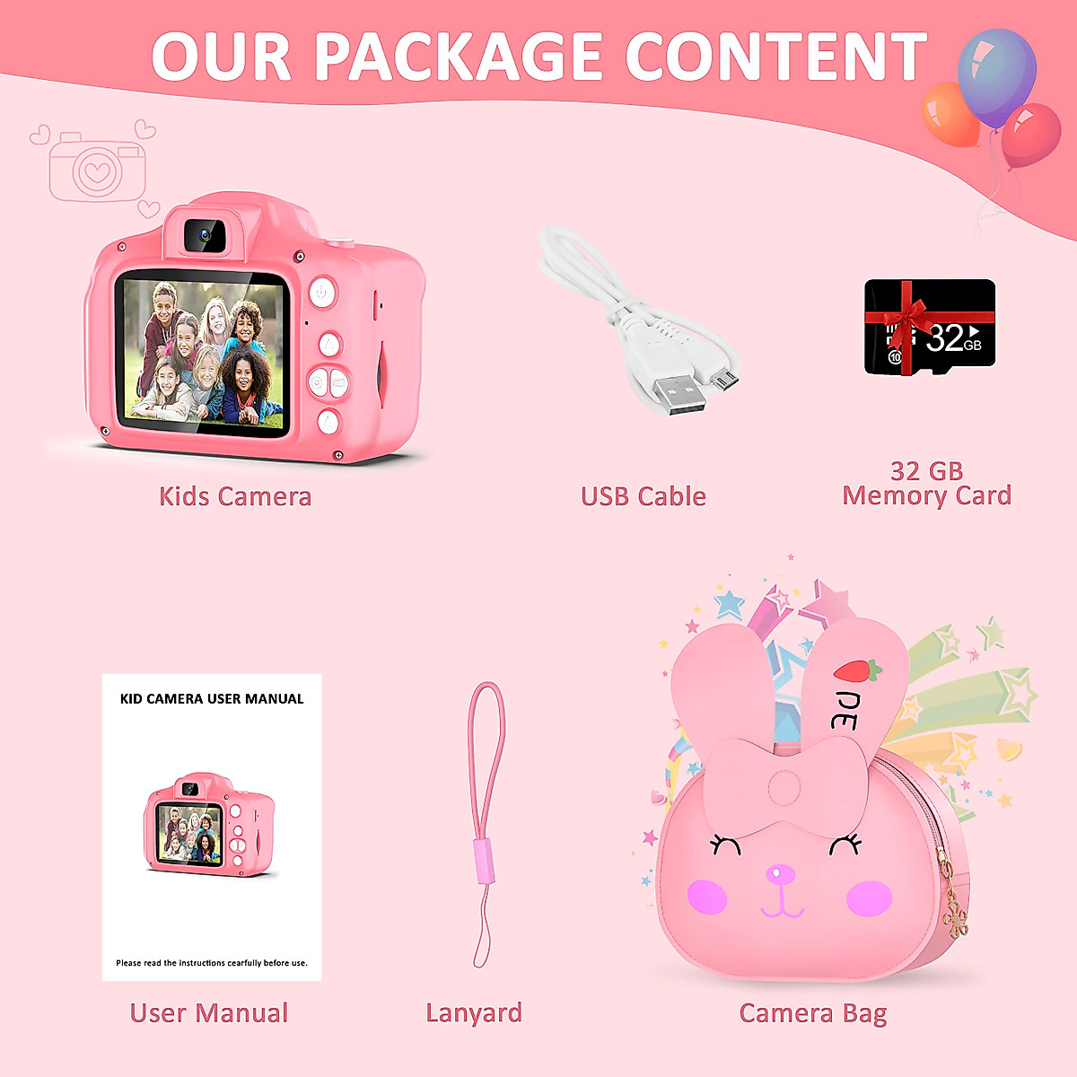 ACHSON’s Selfie Kids Camera, Christmas Birthday Gifts for Girls Age 3-9, HD Digital Video Cameras for Toddler, Portable Toy for 3 4 5 6 7 8 9 Year Old Girl with 32GB SD Card & Bunny Bag -Pink