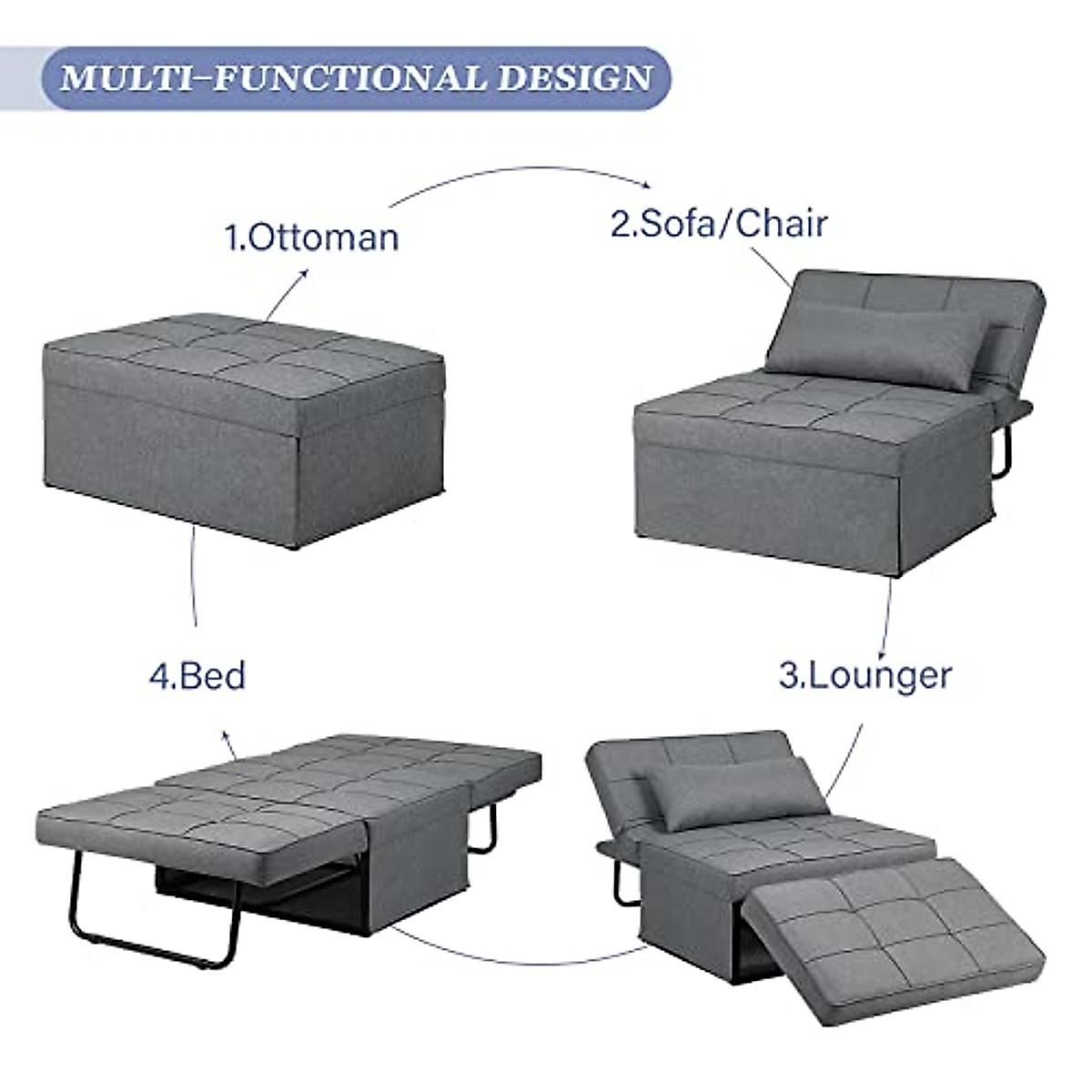 Saemoza Sofa Bed, 4 in 1 Multi Function Folding Ottoman Sleeper Bed, Modern Convertible Chair Adjustable Backrest Sleeper Couch Bed for Living Room/Small Apartment, Light Gray