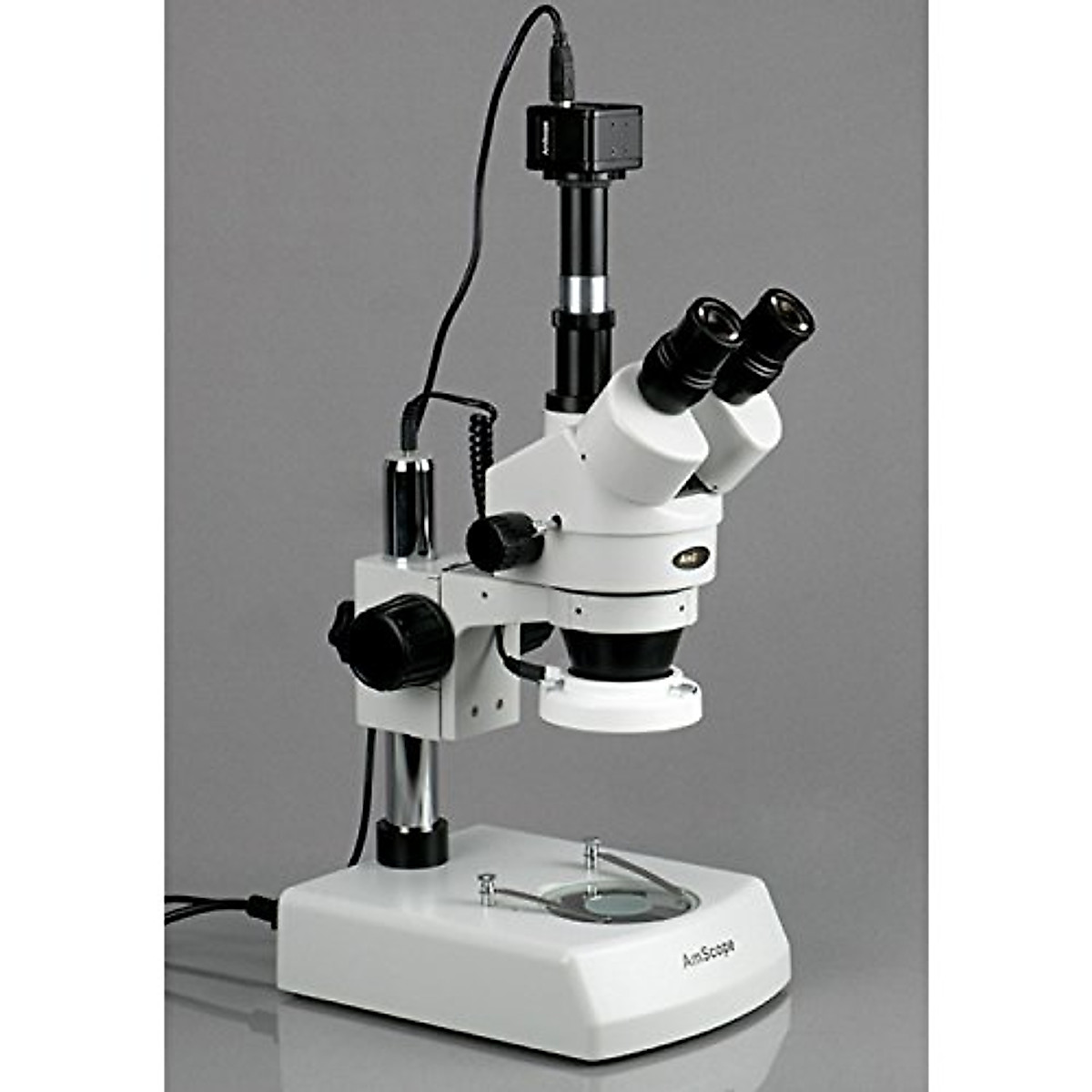 AmScope SM-2T-LED Professional Trinocular Stereo Zoom Microscope, WH10x Eyepieces, 7X-45X Magnification, 0.7X-4.5X Zoom Objective, Upper and Lower LED Lighting, Pillar Stand, 110V-120V