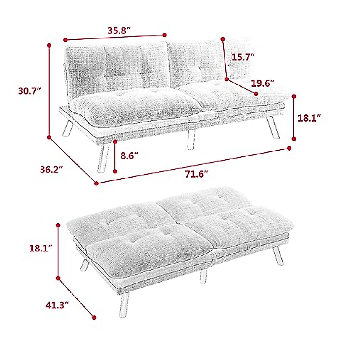 Futon Sofa Bed, Convertible Sleeper Sofa with Adjustable Backrest, Loveseat Futon Bed with Black Metal Legs, Breathable Lounge Couch for Apartment, Studio, Office, Small Space (Blue)