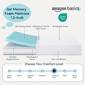 Amazon Basics Memory Foam Mattress, Medium Firm, 12 Inch, Queen, White/Grey
