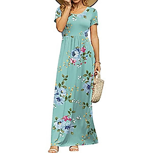 DB MOON Womens 2023 Casual Summer Maxi Dresses Short Sleeve Empire Waist Spring Long Dress with Pockets(Mint Green Floral, M)