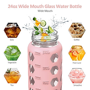 MUKOKO 32oz Glass Water Bottles with 2 Lids-Handle Spout Lid&Bamboo Straw Lid, Motivational Water Tumbler with Time Marker Reminder and Silicone Sleeve, Leakproof-Pink-1 Pack