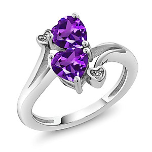 Gem Stone King 925 Sterling Silver Purple Amethyst and White Diamond Ring For Women | 1.63 Cttw | Heart Shape 6MM | Gemstone February Birthstone | Available In Size 5, 6, 7, 8, 9
