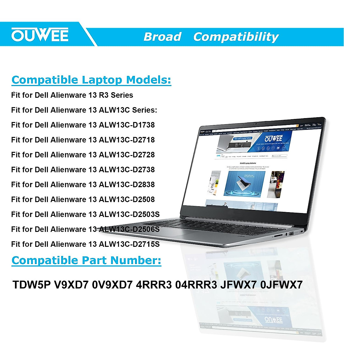 OUWEE TDW5P Laptop Battery Compatible with Dell Alienware 13 R3 ALW13C D1738 D2718 D2728 D2738 D2838 D2508 D2503S D2506S D2715S Series V9XD7 0V9XD7 04RRR3 0JFWX7 15.2V 76Wh 4840mAh