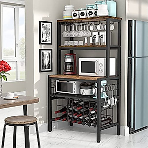 Unikito Wine Rack Table, Modern Freestanding Floor Liquor Bar Table Cabinet with Glass Rack Bottle Shelf, Industrial Wine Bar Cabinet with Storage and Hook for Home Kitchen Dining Room, Rustic Brown