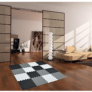 16 Pieces Foam Play Mat with Border, Interlocking Playmat Tiles, Foam Floor Mat Tiles for Kids, Puzzle Play Mat, Exercise Gym Mats – Color of Black & Grey & White