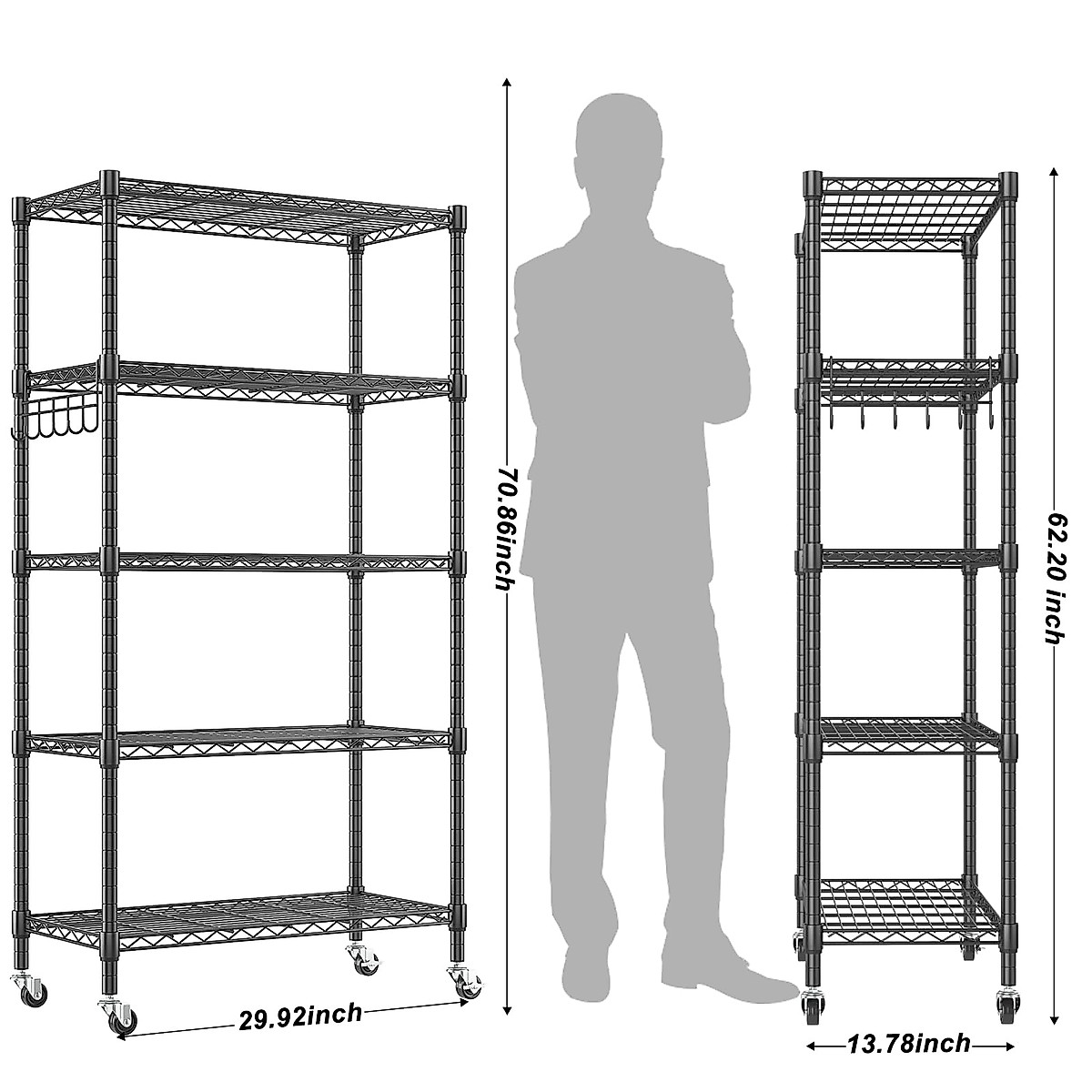 Homdox 5 Tier Metal Storage Shelves with Wheels, Heavy Duty Wire Shelving Unit, Adjustable Storage Racks with Side Hooks for Bathroom Kitchen Garage Pantry Organization, Black
