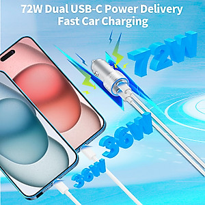 【MFi Certified】iPhone 15 Car Charger Fast Charging, Linocell 72W Dual USB-C Power Cigarette Lighter PD Car Charger Adapter+2Pack Type-C to Type-C Cable for iPhone 15/15 Plus/15 Pro/15 Pro Max/iPad Pro