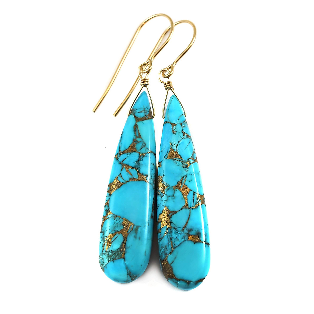 14K Yellow Gold Blue Turquoise 2-1.4" Earrings with Coppery Mosaic Veining Long Large Simple Dangle Drops