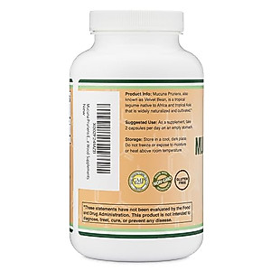 Mucuna Pruriens Extract Capsules - Dopamine Boosting Supplement - 210 Count, 1,000mg Per Serving, 20% (from Velvet Bean) (for Mood and Motivation Support) Third Party Tested by Double Wood