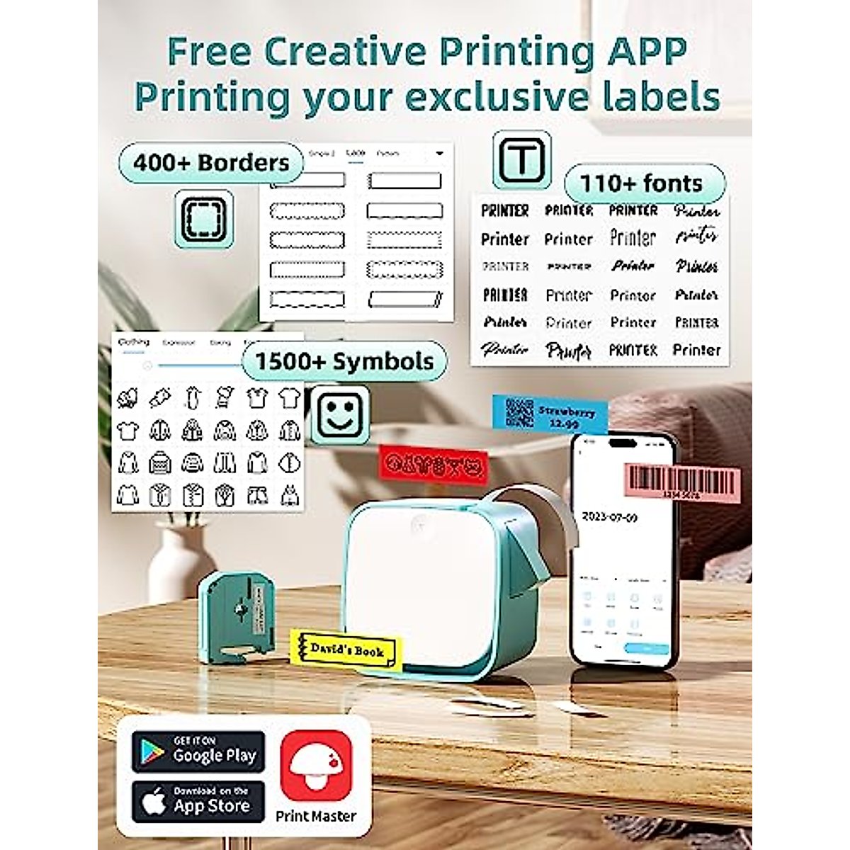 Vixic Label Maker with Tape, M960 Bluetooth Label Maker Machine, Small Mini Portable Label Makers Multiple Templates Font Icon for Home School Office Organization, Inkless Rechargeable,Green