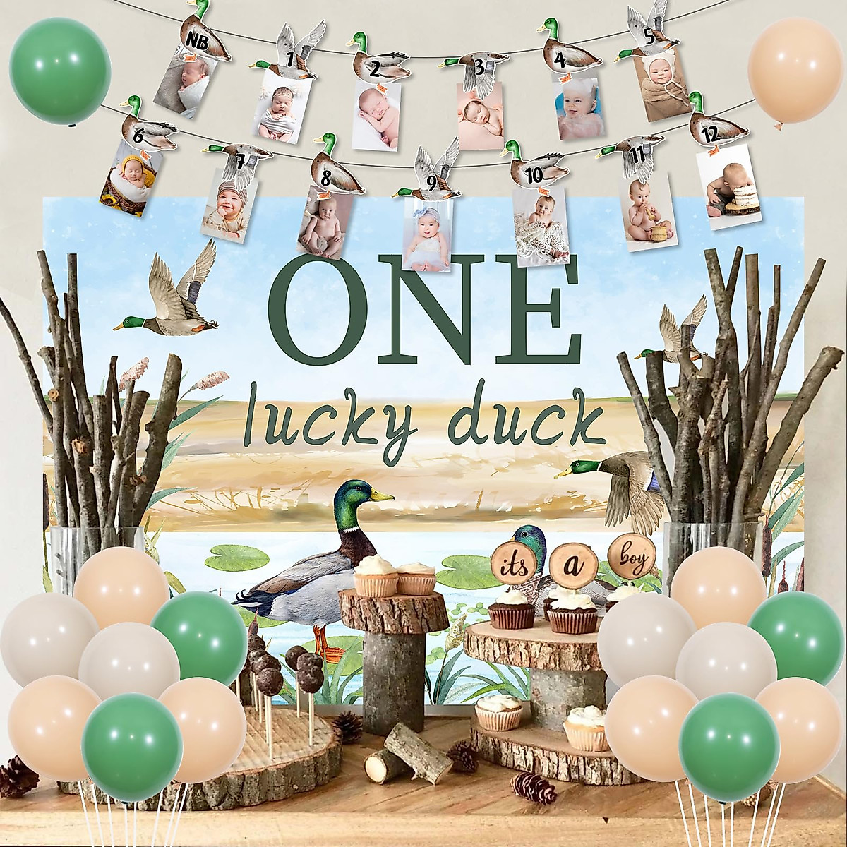Fangleland Mallard Duck 1st Birthday Decorations for 1 Year Old Boy, One Lucky Duck Theme Boy First Birthday Party Supplies with Cake Topper, Backdrop, High Chair Banner, Balloons