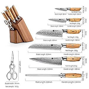 XINZUO 8-Piece Damascus kitchen Knife Set with Block& Kitchen Scissors, Hand Forged 73 Layer Damascus Powder Steel Professional Chef Knife Sets, Olive Wood Handle, Gift Box