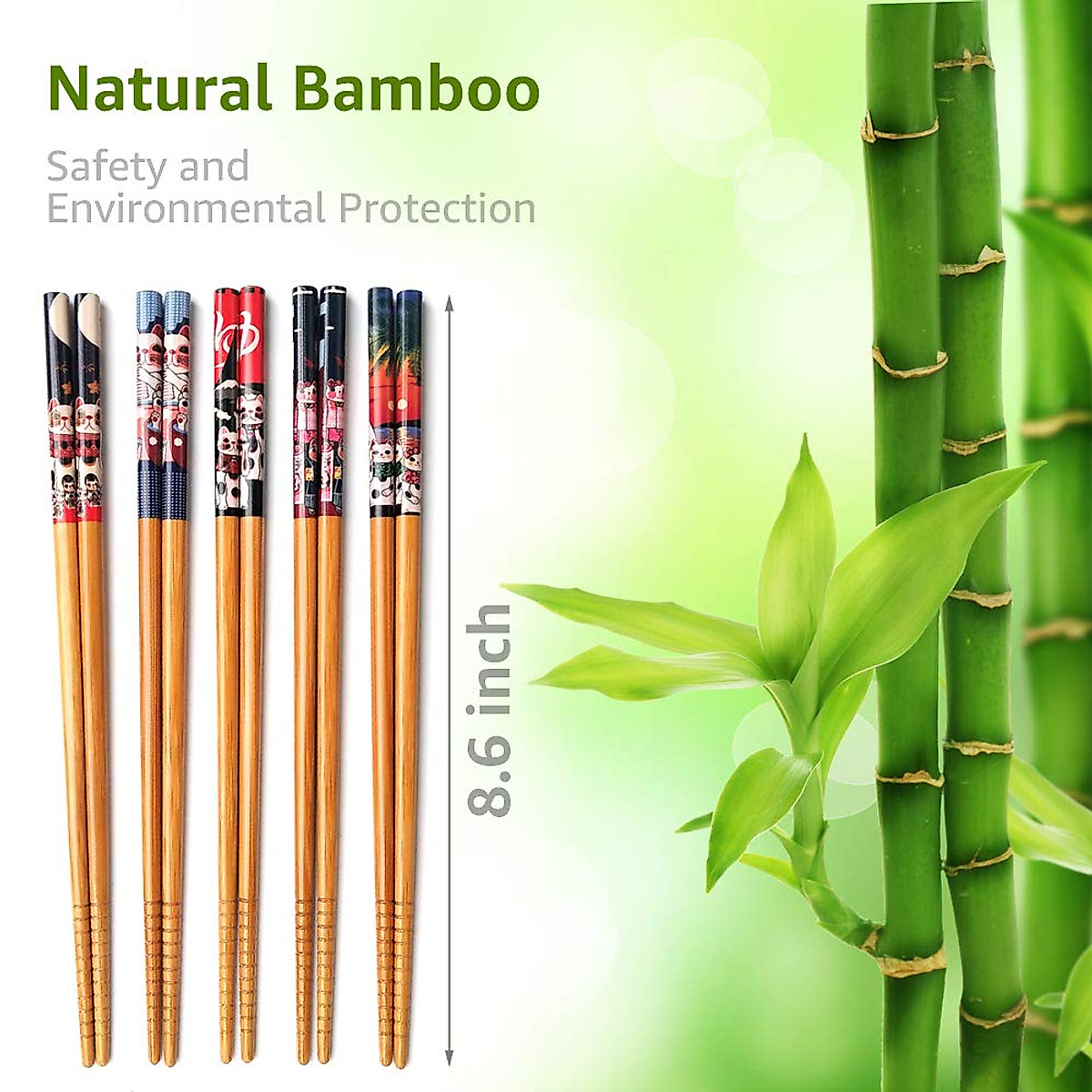 5 Pairs Chopsticks and Chopstick Rest Set, Cute Lucky Cat Chopsticks Holder 5 Cats, Classic Japanese Style Bamboo Natural Reusable Chopsticks, Dishwasher - Safe, Chopsticks Holder Gift Set (Lucky Cat)