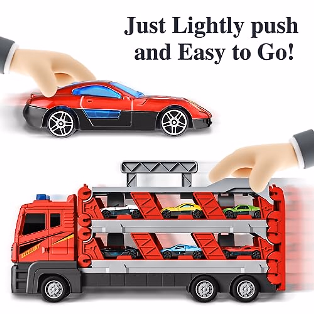 Melyis Toy Trucks with 64-Inch Ejection Race Track, Catapulting Racing Track with 6 Cars, Kid’s Cool Folding Truck Toy, Cars Storage and Transporter Toy Truck for 4 5 6 7 8 9 Years Old Boys and Girls