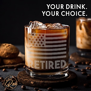 On The Rox Retirement Gifts For Men and Women - Permanently Engraved 11 oz Glass - USA Flag Glass Military Retirement Gift Idea- Wish A Happy Retirement for Army/Navy/Airforce/Marines/Coast Guard