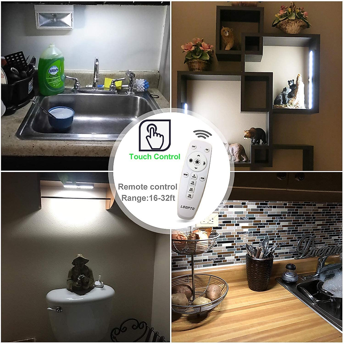 LDOPTO Under Cabinet Lights Wireless Battery Operated LED Closet Lights Without Wiring Counter Stick on Lights with Remote Timer Dimmable for Kitchen Shelf Hallway Stairs, Multiple Colors 4 Pack