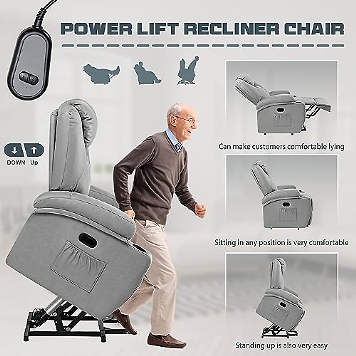 JUMMICO Power Lift Recliner Chair with Heat and Massage for Elderly Faux Leather Modern Reclining Sofa Chair with Cup Holders, Remote Control, Adjustable Furniture (Light Gray)