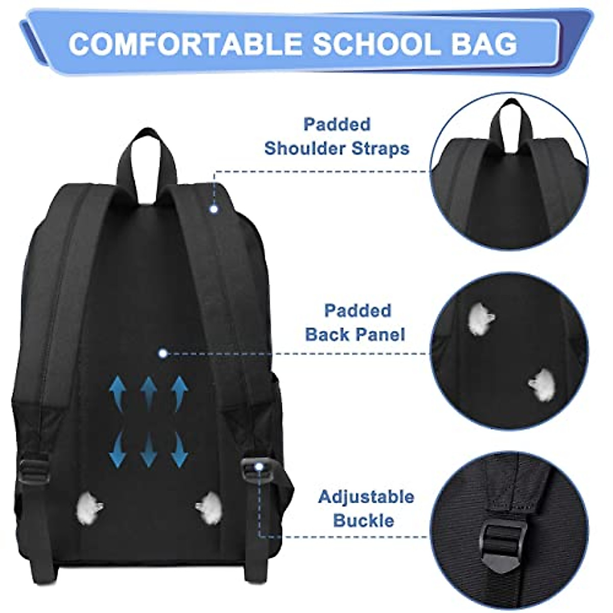 Kasqo Lightweight School Backpack, Large Capacity Water-Resistant Casual College Bookbag for Men Women Teen Girls Boys, Black