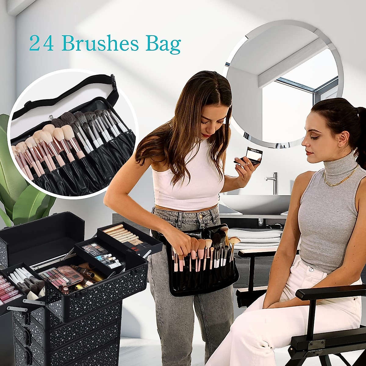 Stagiant Rolling Makeup Case 4 in 1 Cosmetology Case on Wheels Makeup Travel Case with Brush Waist Bag Key Swivel Wheels Salon Barber Case Traveling Cart Trunk Cosmetic Trolley Balck Star